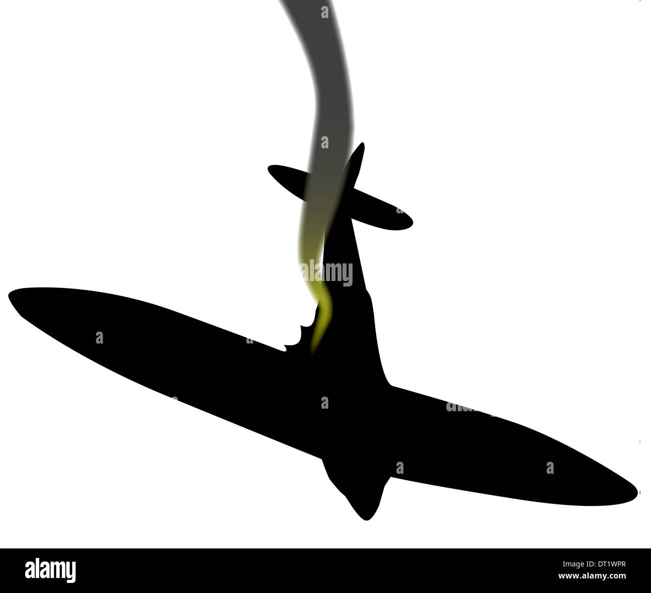 A World War II fighter plane seriously damaged, set over a white ...