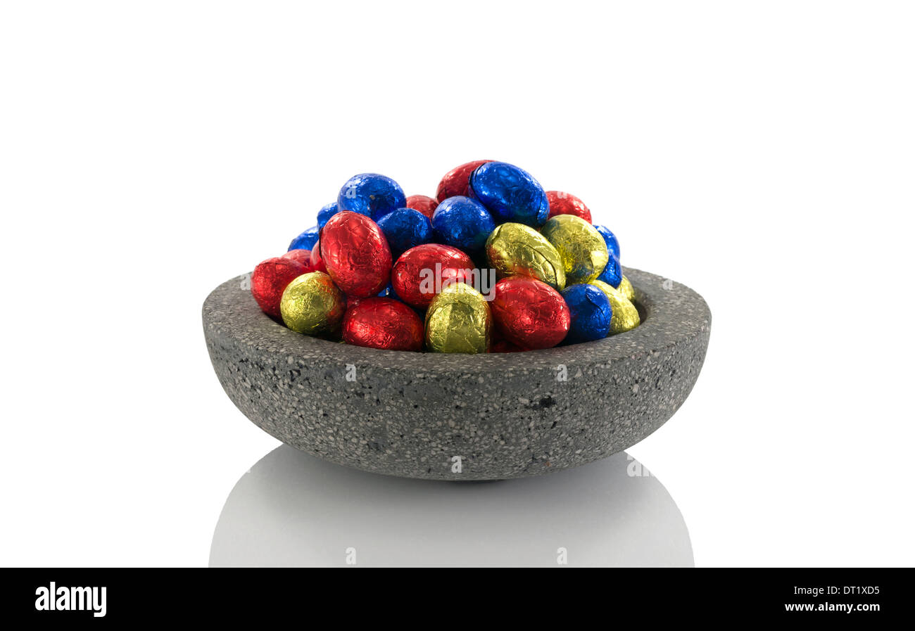 concrete dish with easter eggs isolate on white Stock Photo - Alamy
