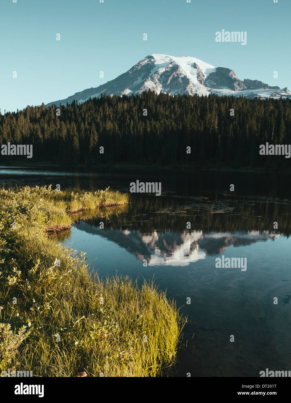 View of Mount Rainier from Reflection Lakes at dawn in Mount Rainier ...