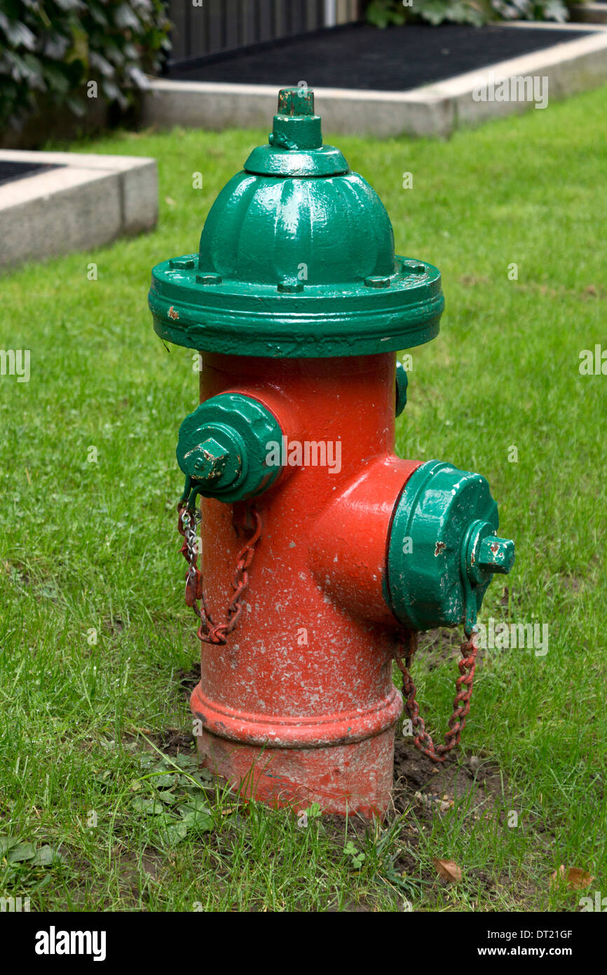 Red and green fire hydrant, on the campus of Harvard University, in ...