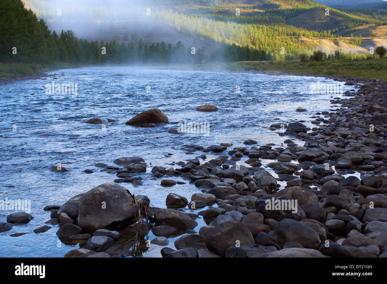 Morning fog on river Shishged in northern Mongolia Stock Photo - Alamy