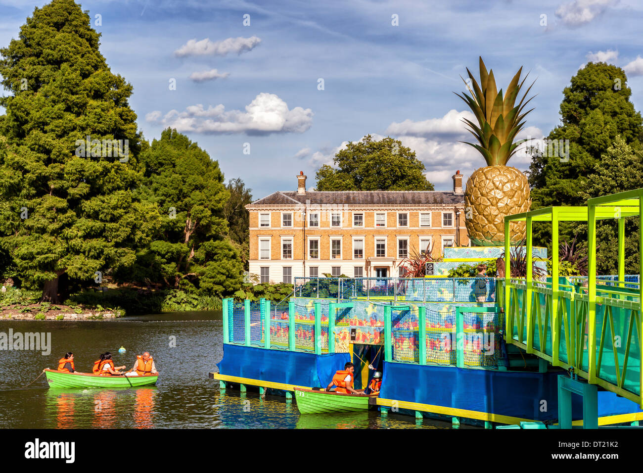 People rowing on Palm House pond and giant pineapple at InCredibles ...