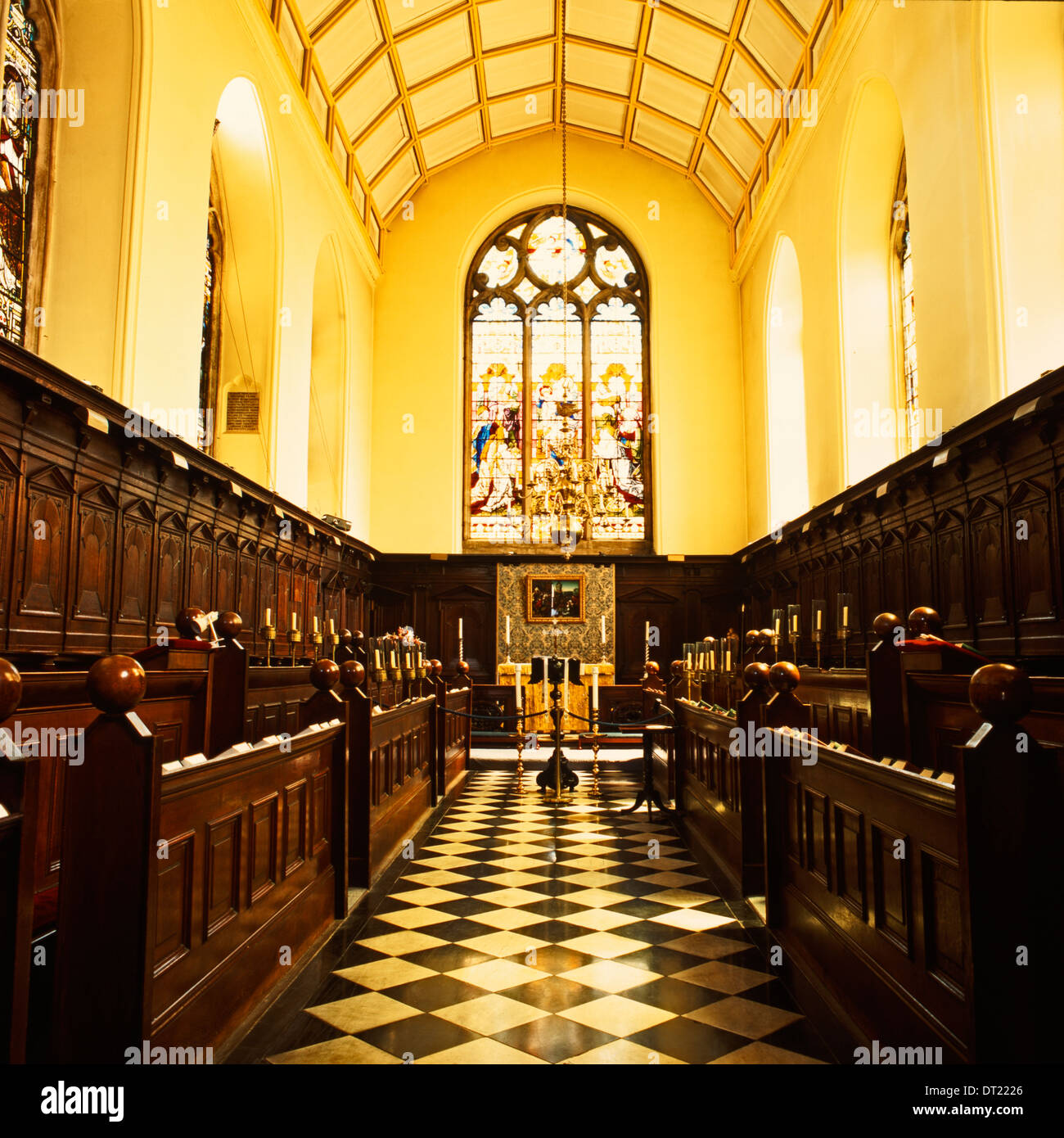Gothic interior of Oriel Chapel and its choir stalls and altar with ...