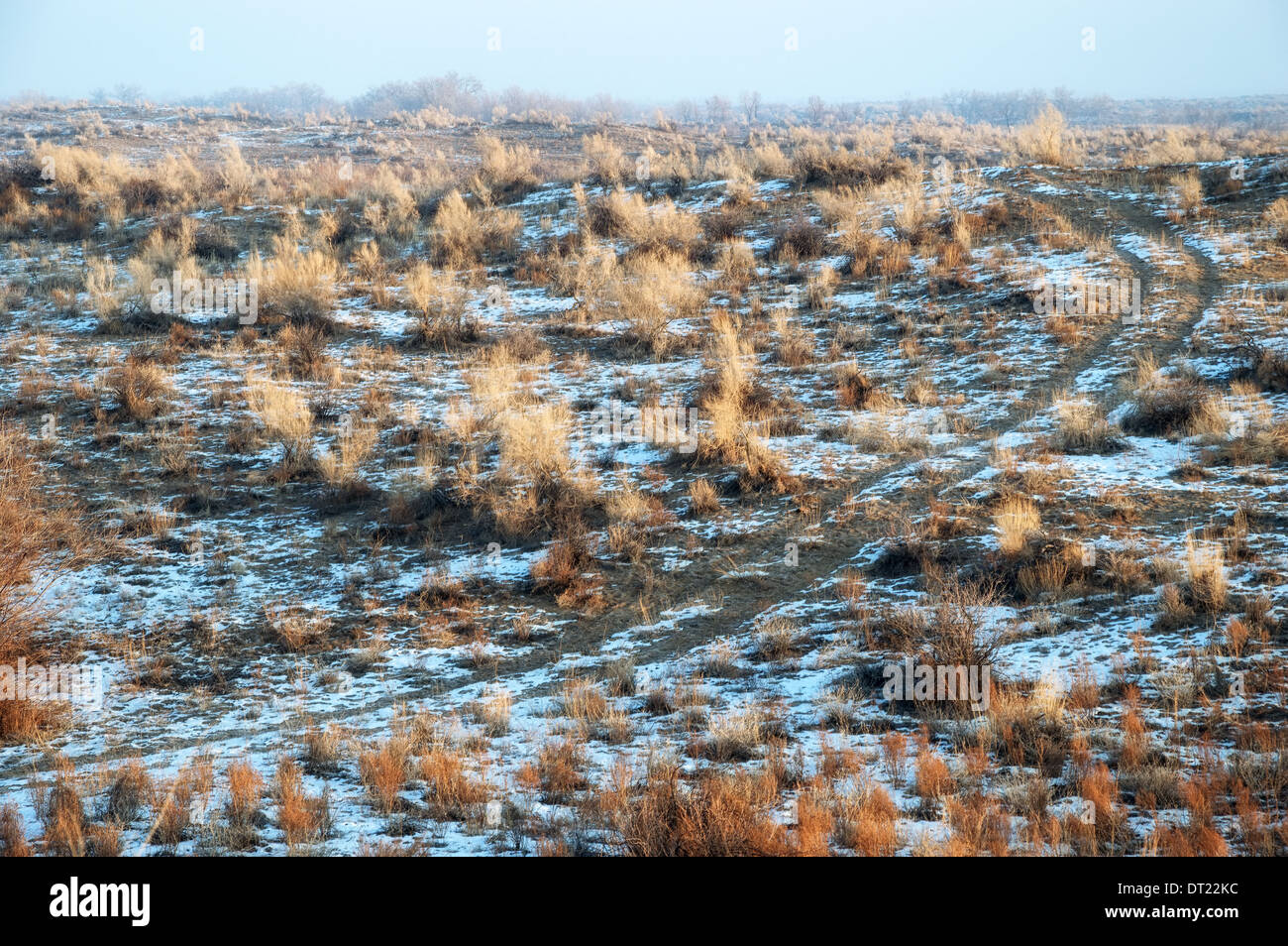 Winter desert and old rural road in Almaty region, Kazakhstan Stock ...