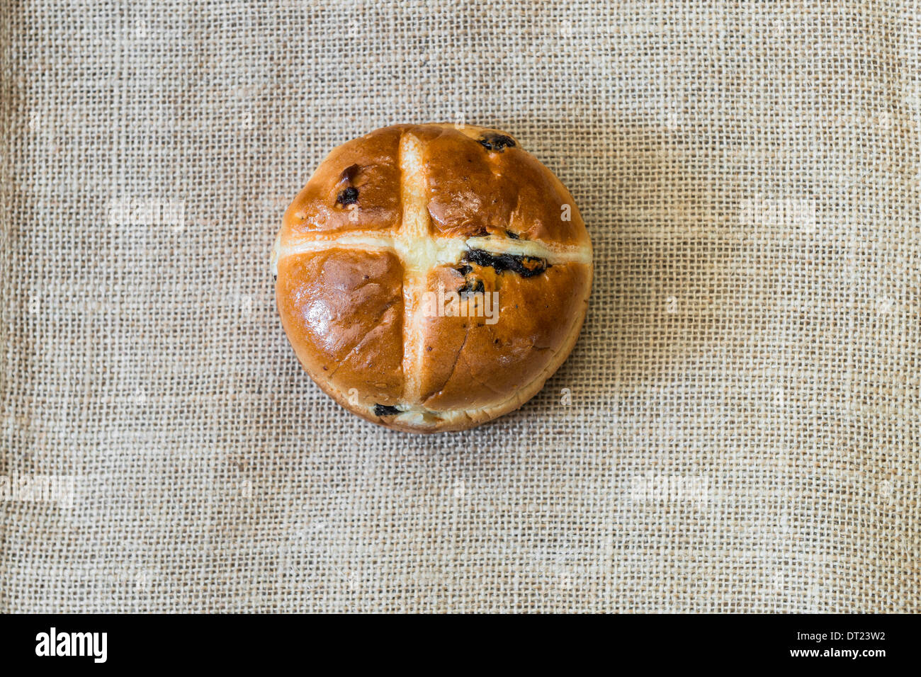 One Easter hot cross bun on plain background Stock Photo - Alamy