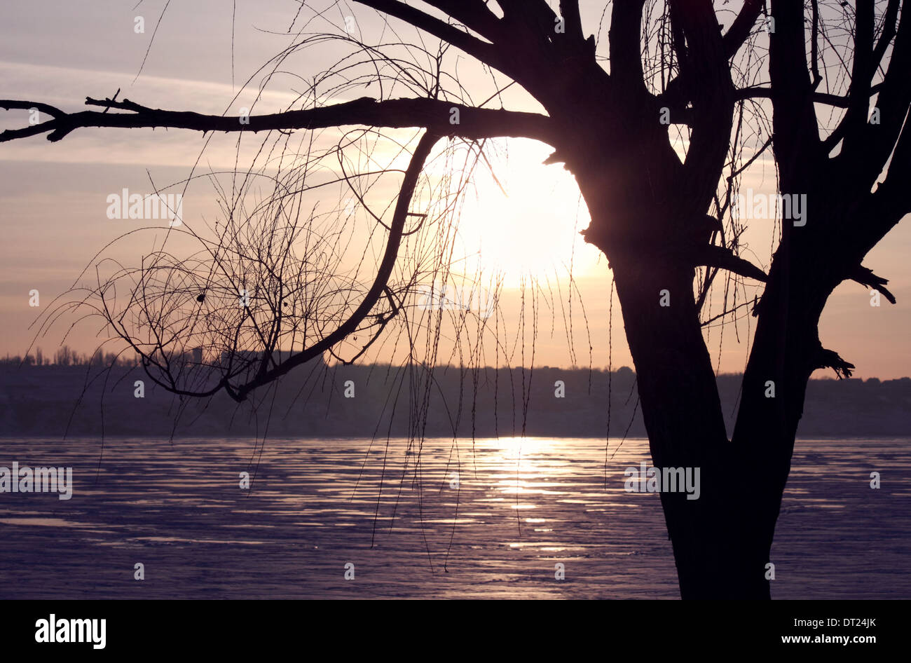 view on frozen river at sunset Stock Photo - Alamy