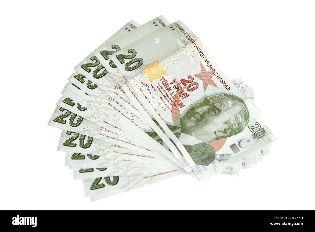 Turkish 20 Lira notes fanned out on a white background Stock Photo - Alamy