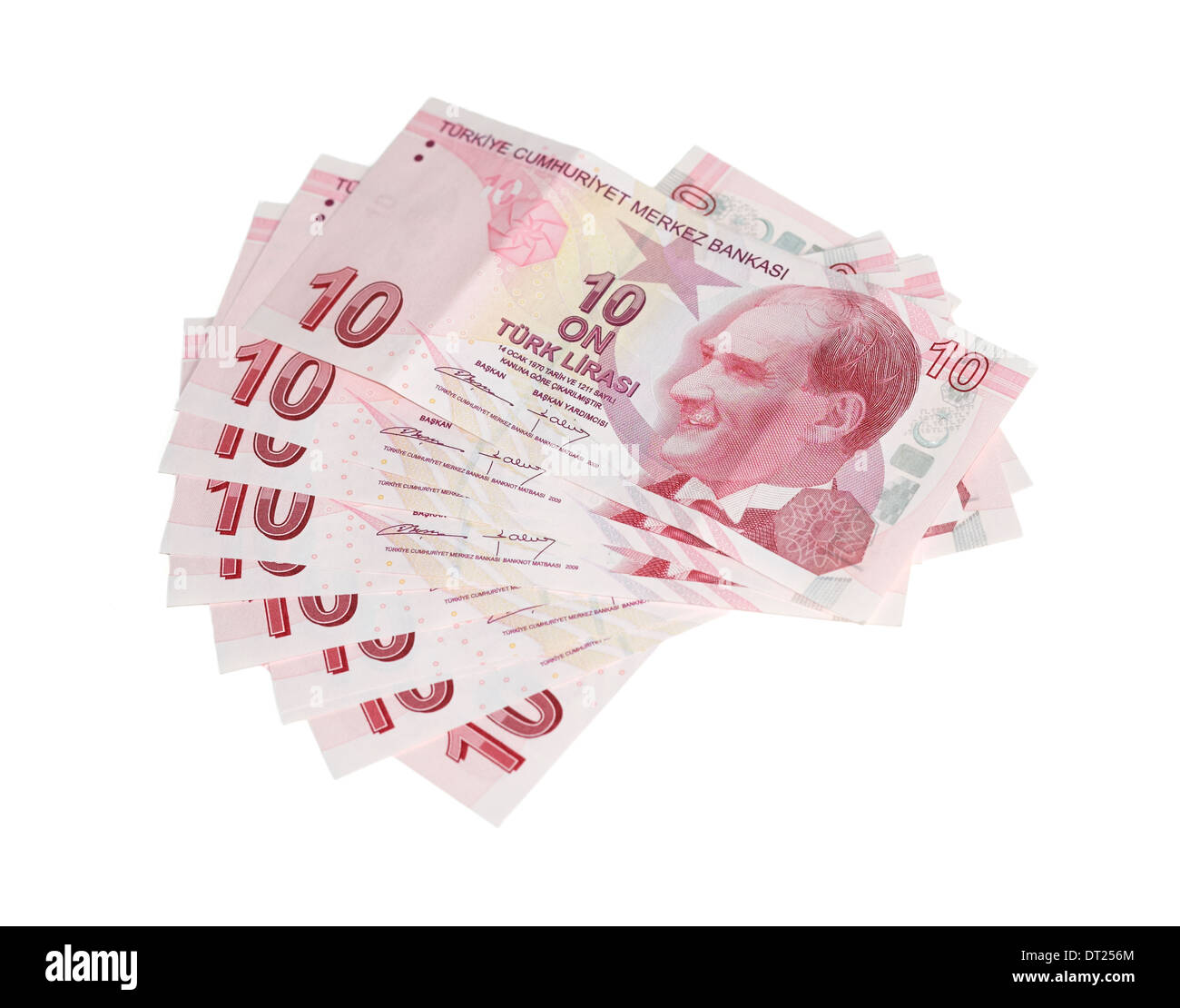 Turkish 10 Lira notes fanned out on a white background Stock Photo - Alamy