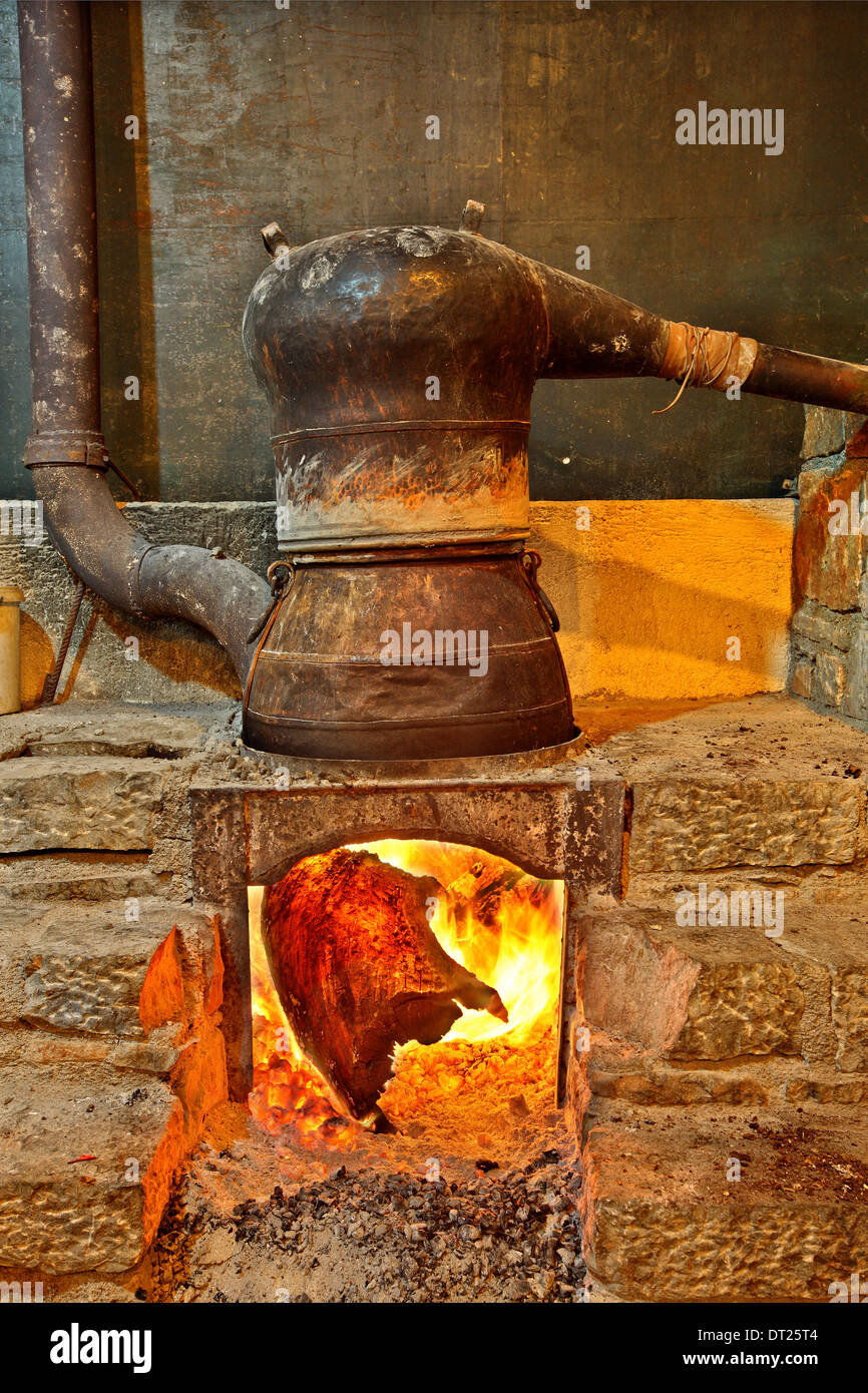 Traditional cauldron for Raki distillation ("rakokazano") in Fourni ...