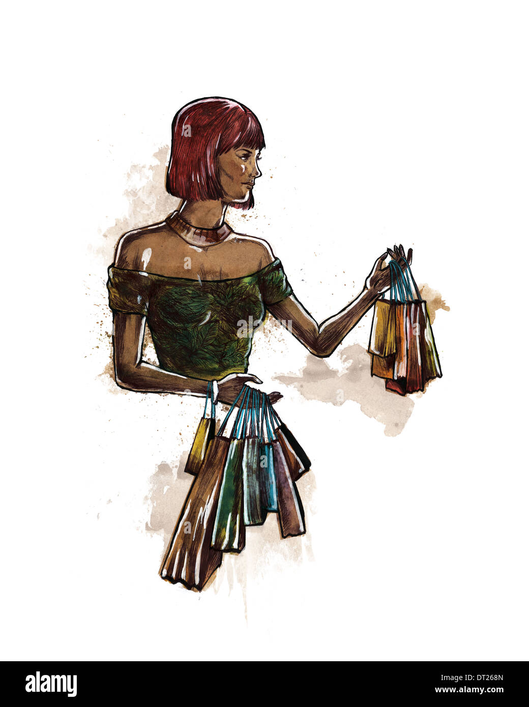 Illustration of shopaholic woman with bags against white background ...