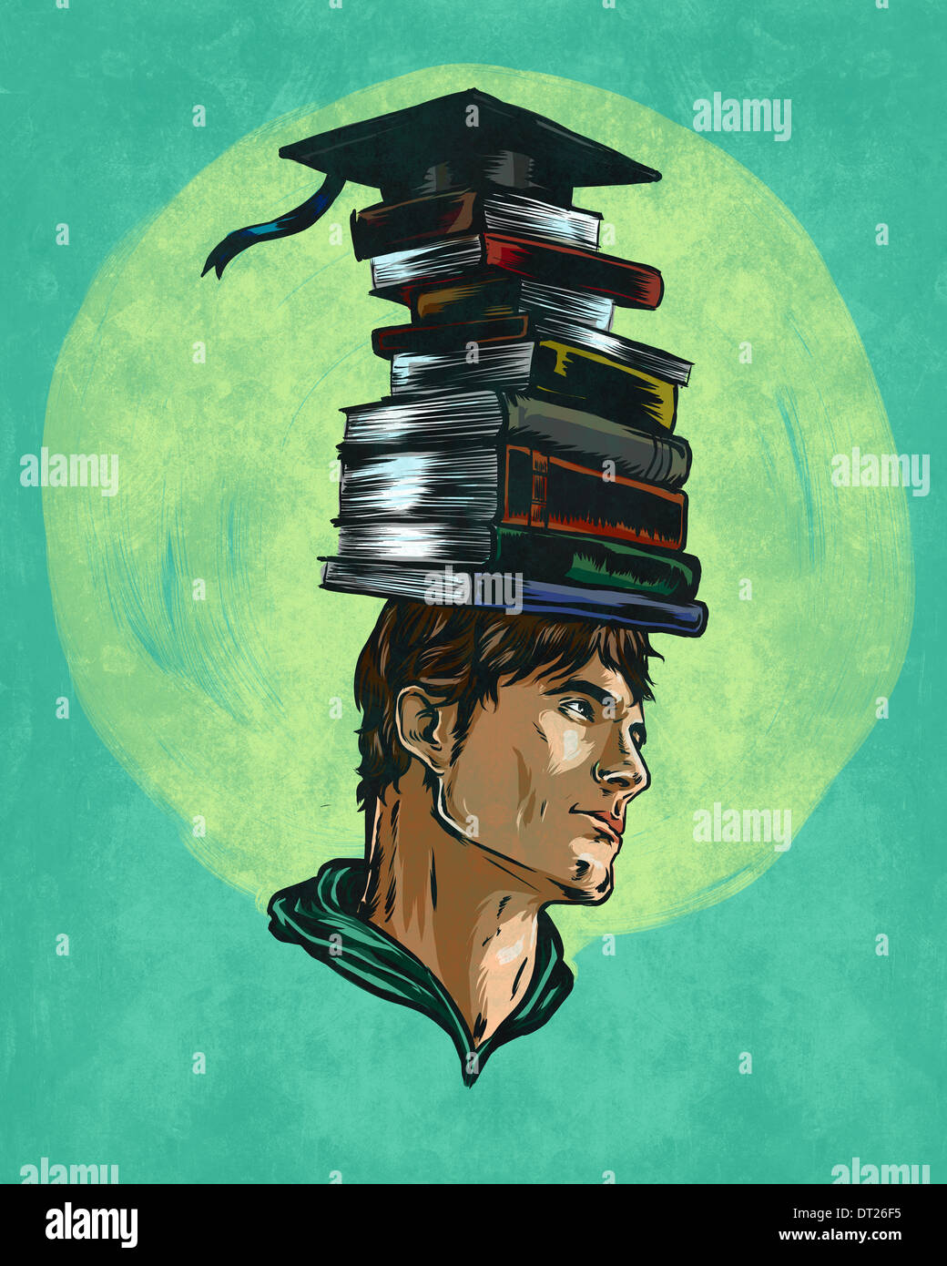 Illustrative image of determined male student with stack of books on ...