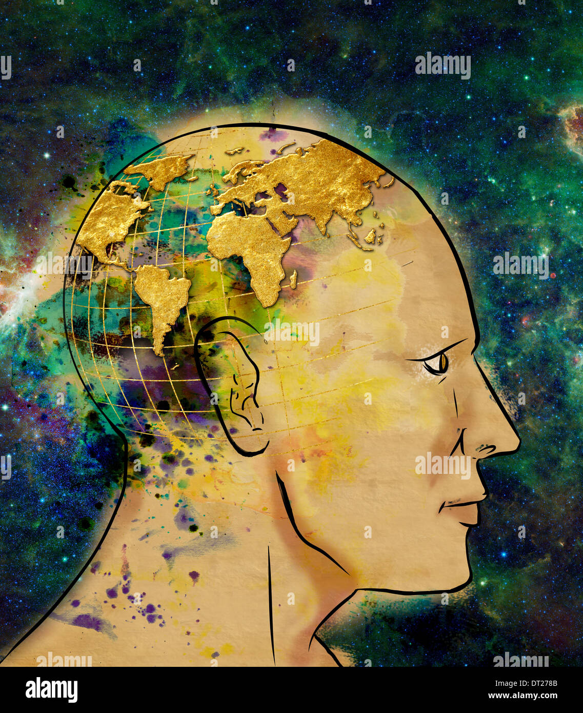 Illustrative image of man with world map on head representing ...