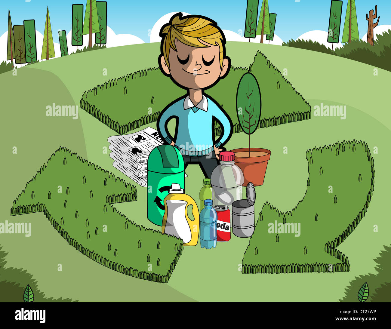 Illustration of boy with objects standing amidst recycle sign Stock ...