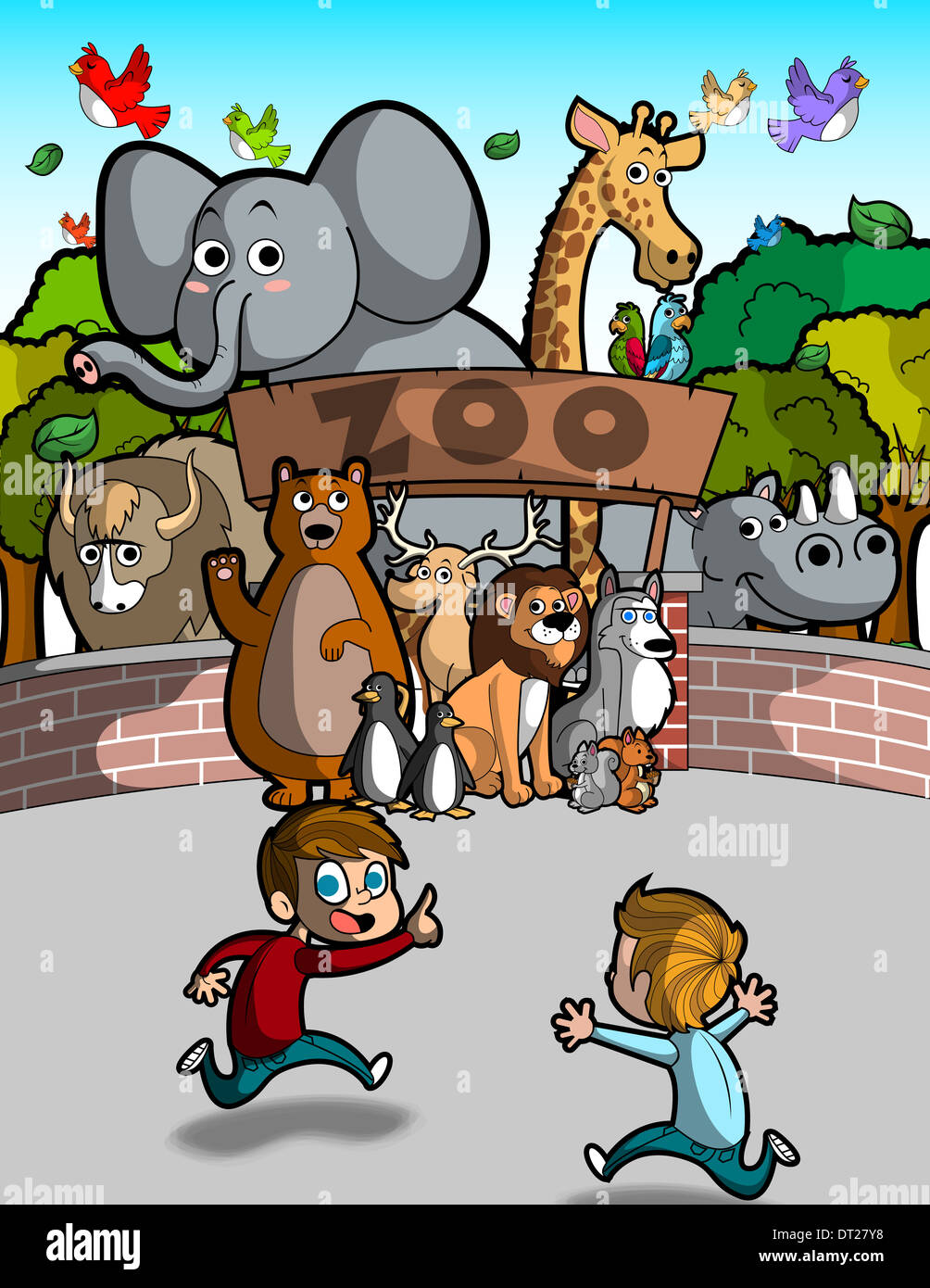Illustration of boy running in front of zoo Stock Photo - Alamy