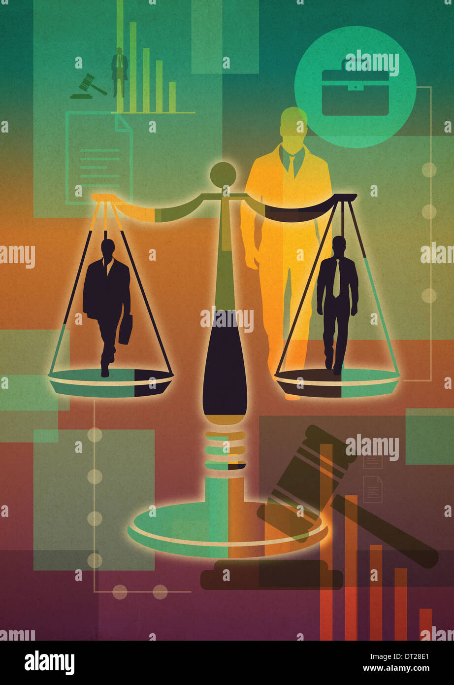 Illustrative collage of business people in scales representing legal ...