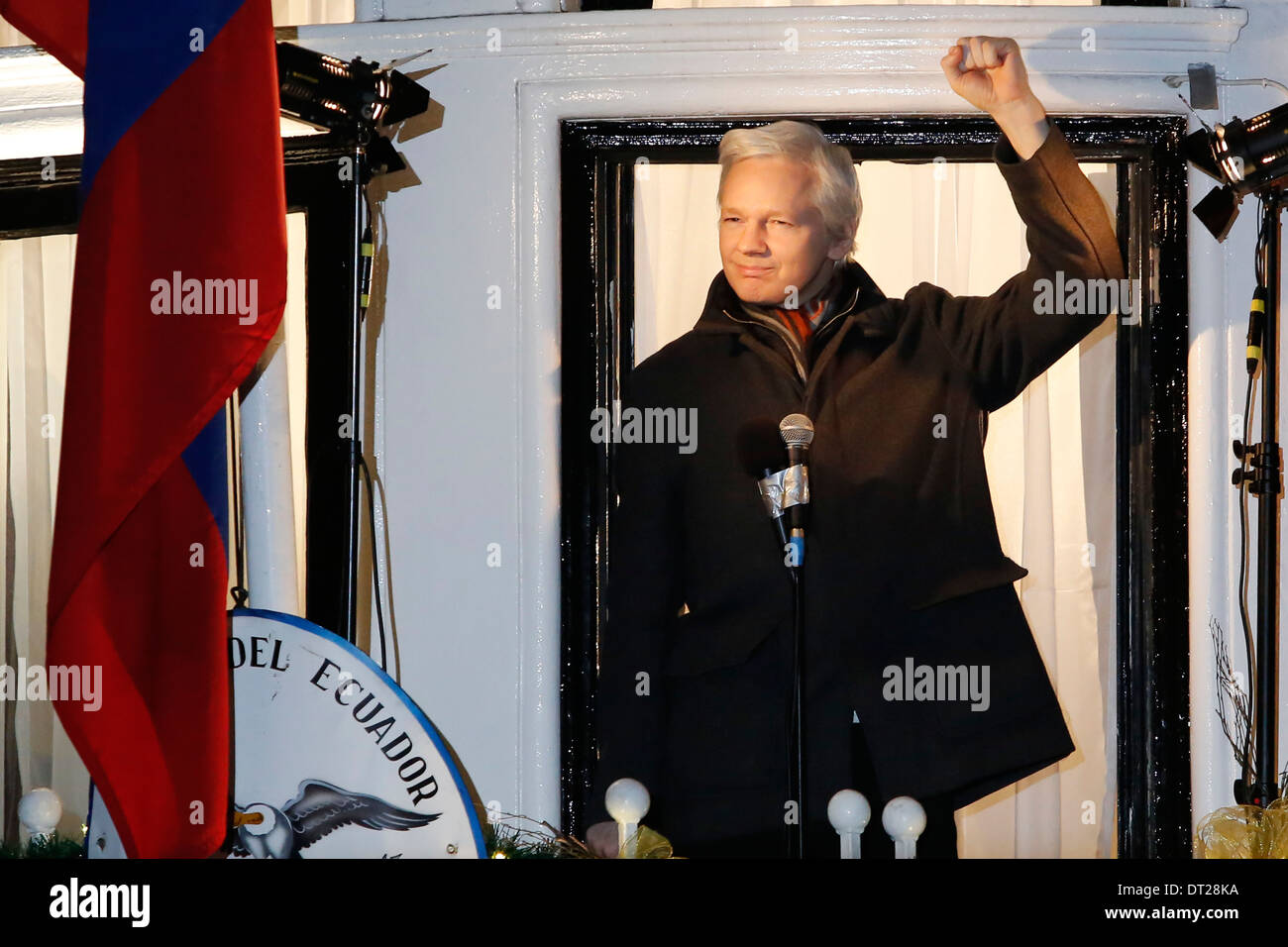WikiLeaks founder Julian Assange delivers a speech from a balcony Stock ...