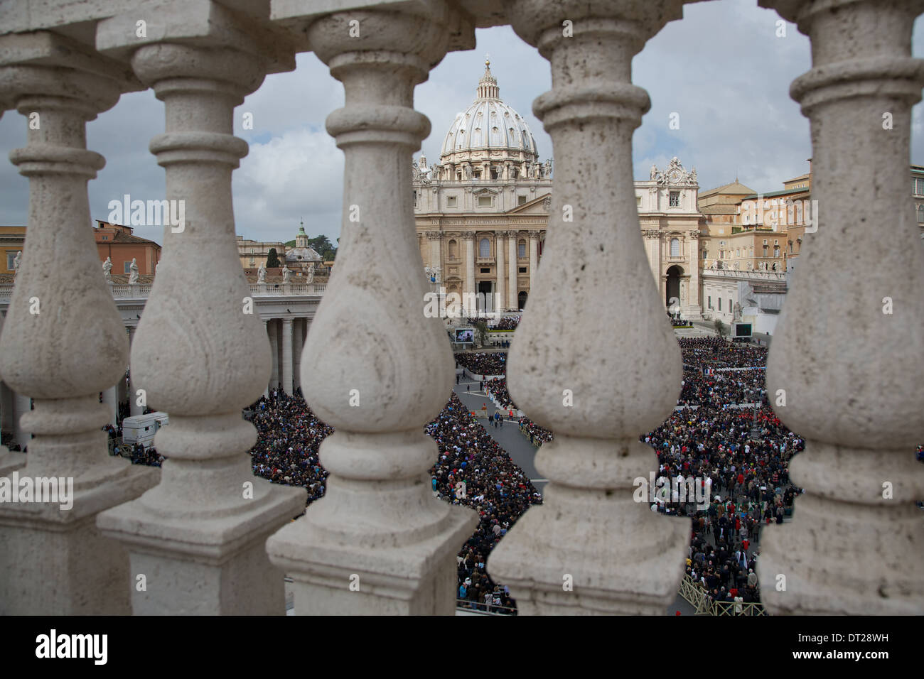 View of Saint Peter's Basilica seen from the roof top above pillars ...