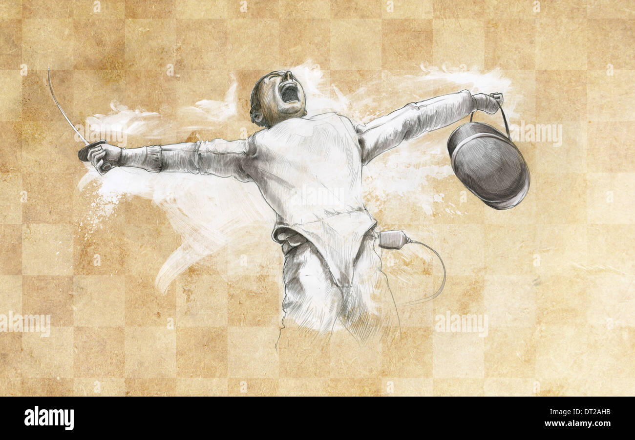 Illustrative image of fencer screaming over victory Stock Photo - Alamy