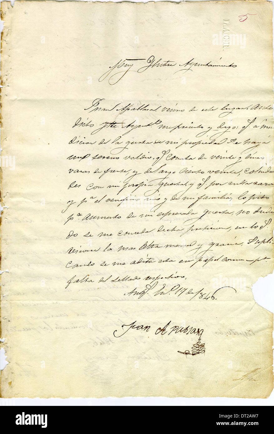 A historical petition from Juan Apablasa in 1846, requesting a land ...