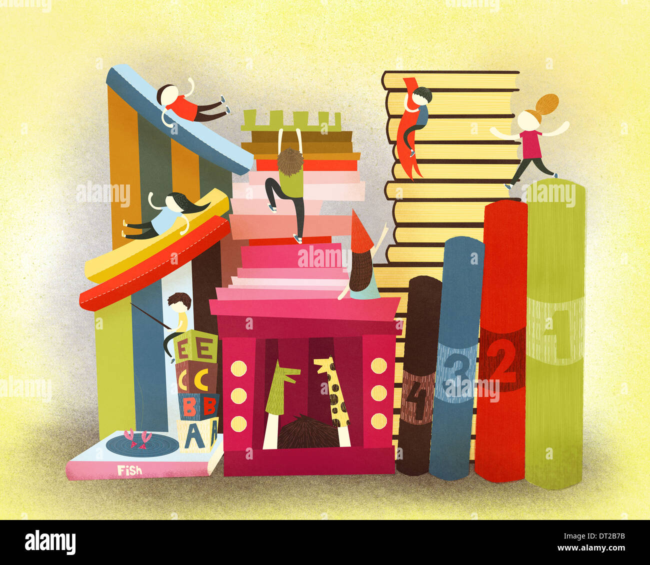 Illustrative image of children playing on books representing fun Stock ...