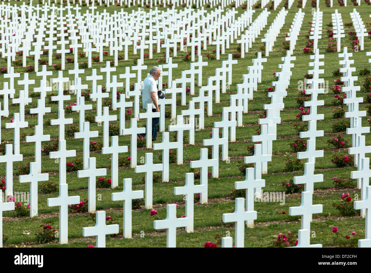 Man visiting World War 1 graves in Cemetery of Douaumont at the Ossuary ...