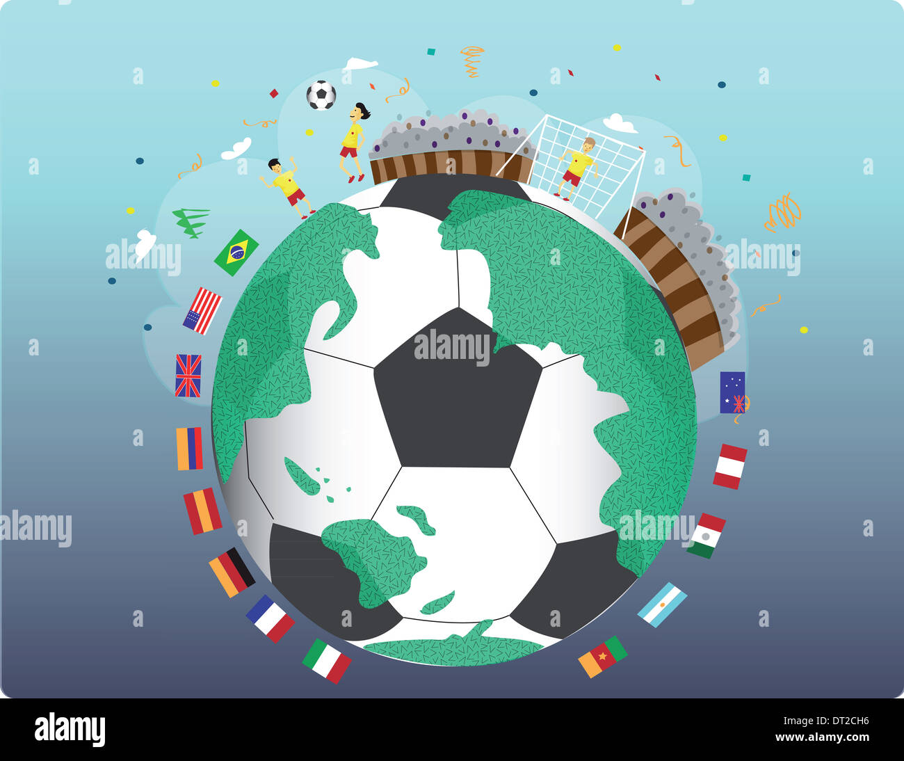 Illustrative image of various national flags around soccer ball ...