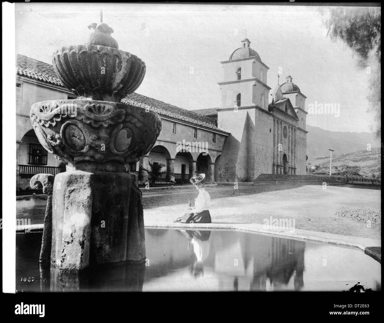 A photograph from 1908 shows Mission Santa Barbara, with a Moorish ...