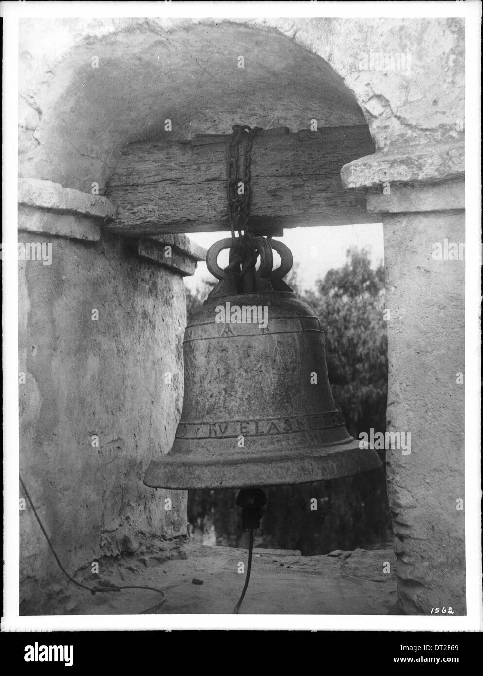 The bell of Mission Santa Barbara, photographed in 1904. The image ...