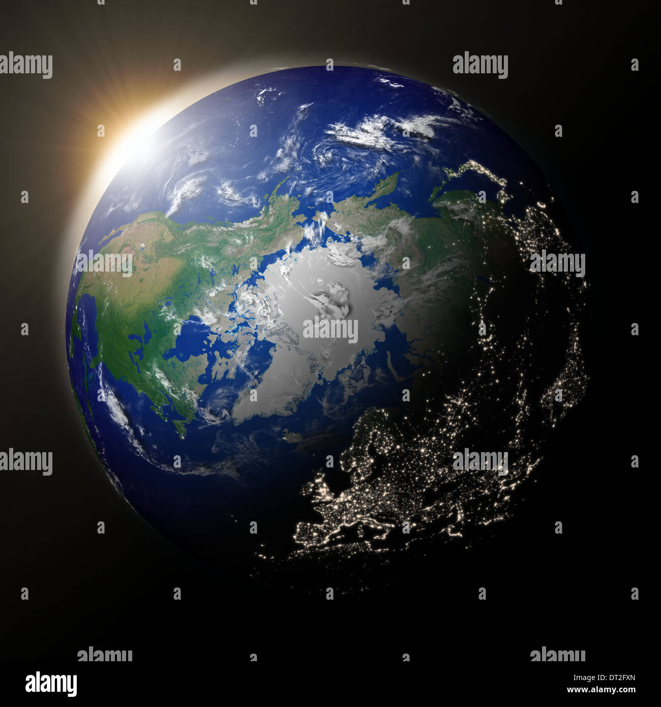 Sunset over northern hemisphere on planet Earth. High detail planet ...