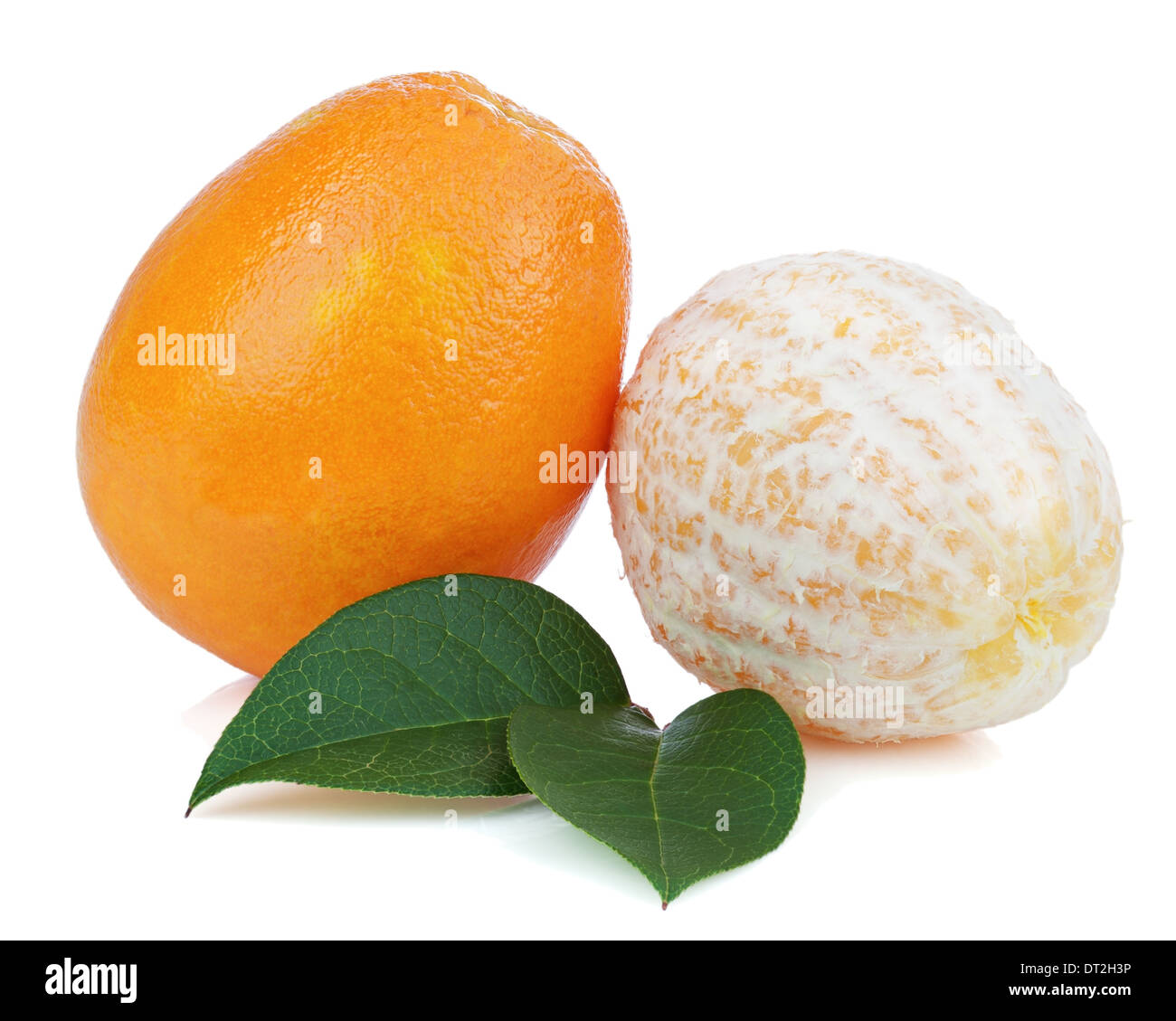 Orange fruits with green leaves isolated on white background. Closeup ...