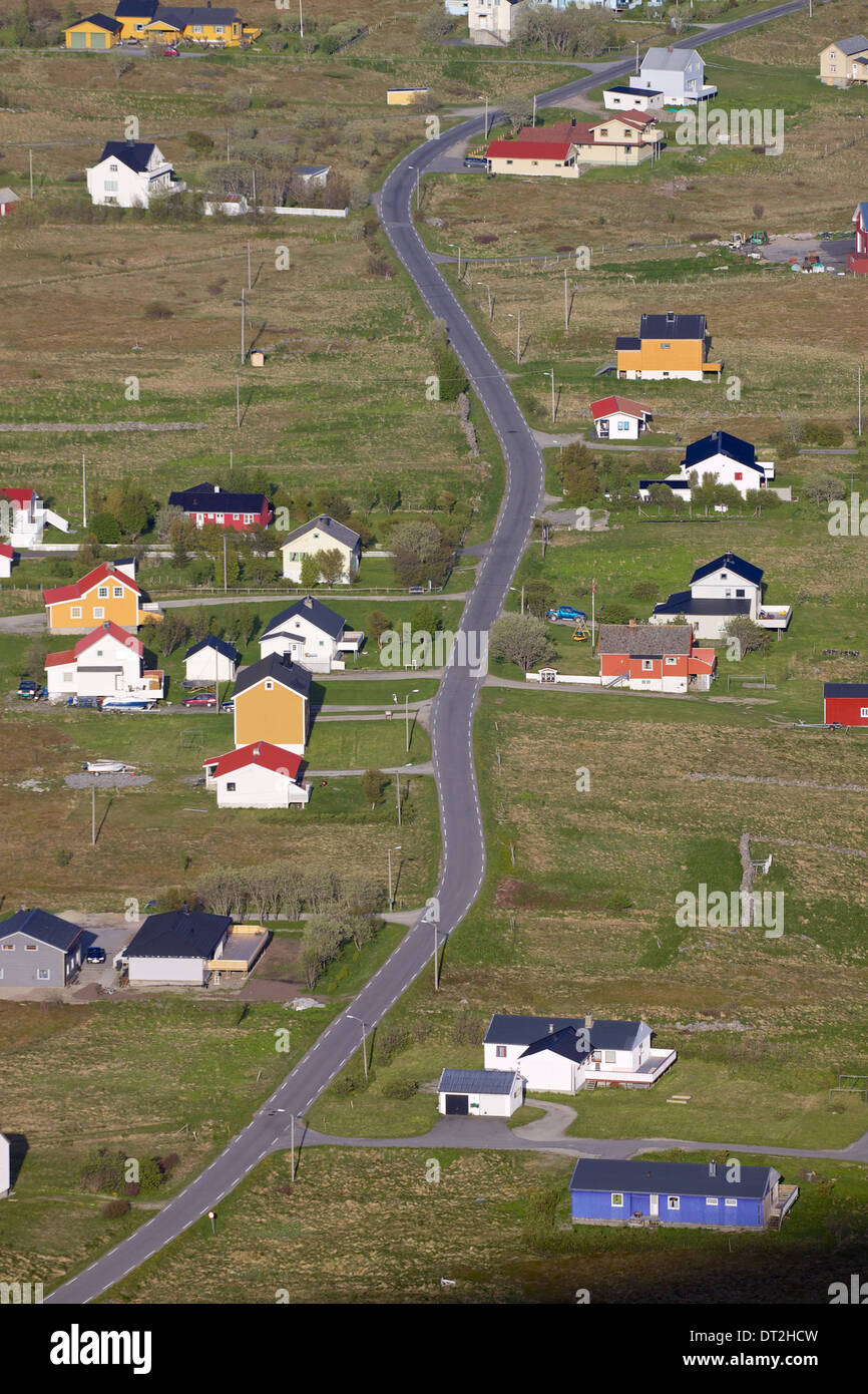 Bird's eye view of Sorland on island of Vaeroy, Lofoten islands in ...