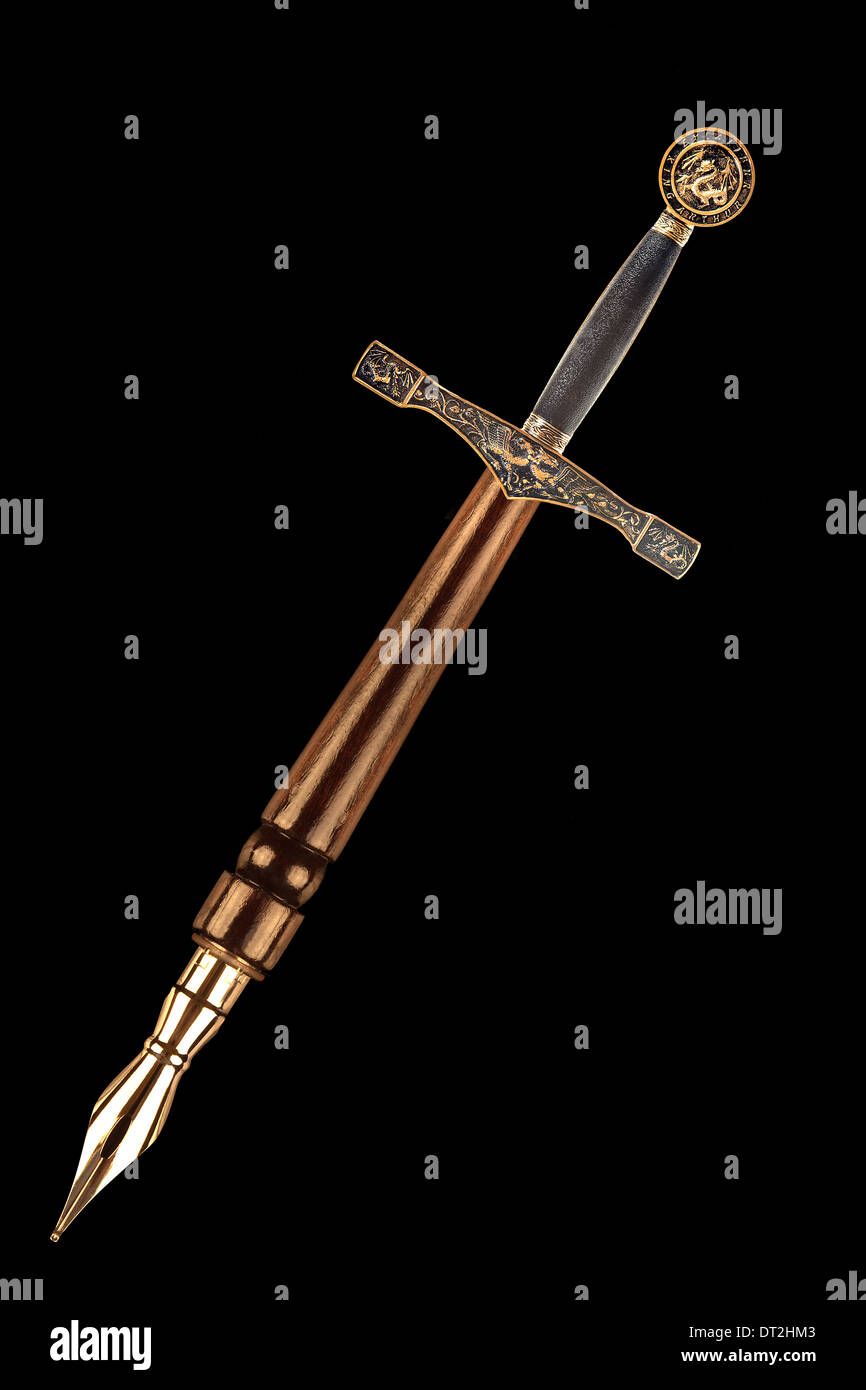 Combined image of a medieval sword and a vintage writer's pen Stock ...