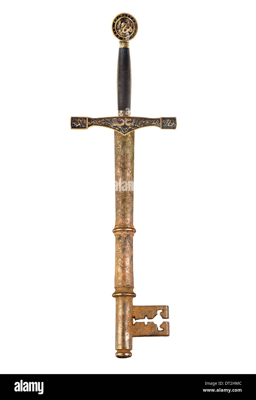 Combined image of a medieval sword and a vintage key Stock Photo - Alamy