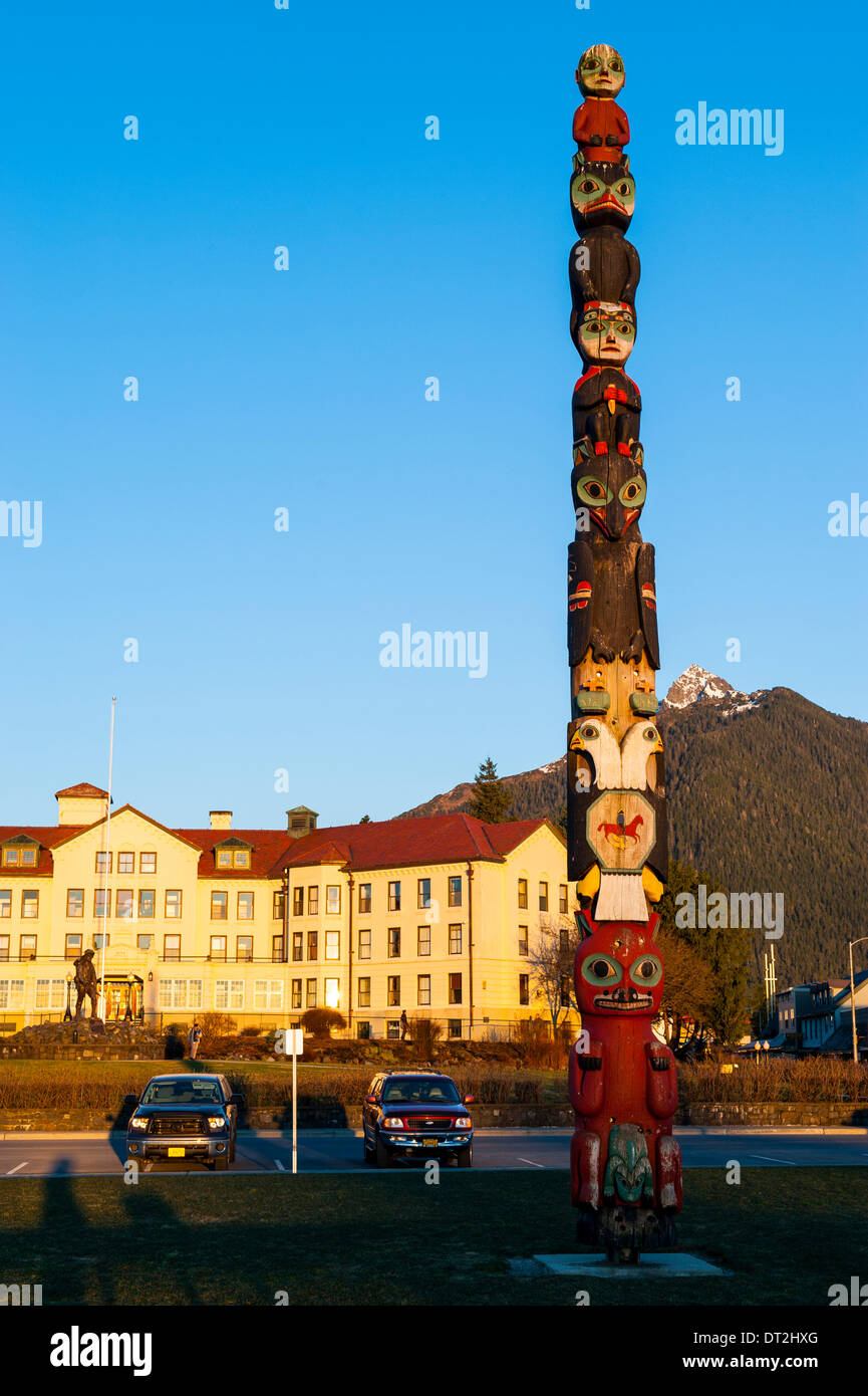 Sitka, Alaska. 6 February 2014 Tlingit Totem Pole and Pioneer Home on a ...