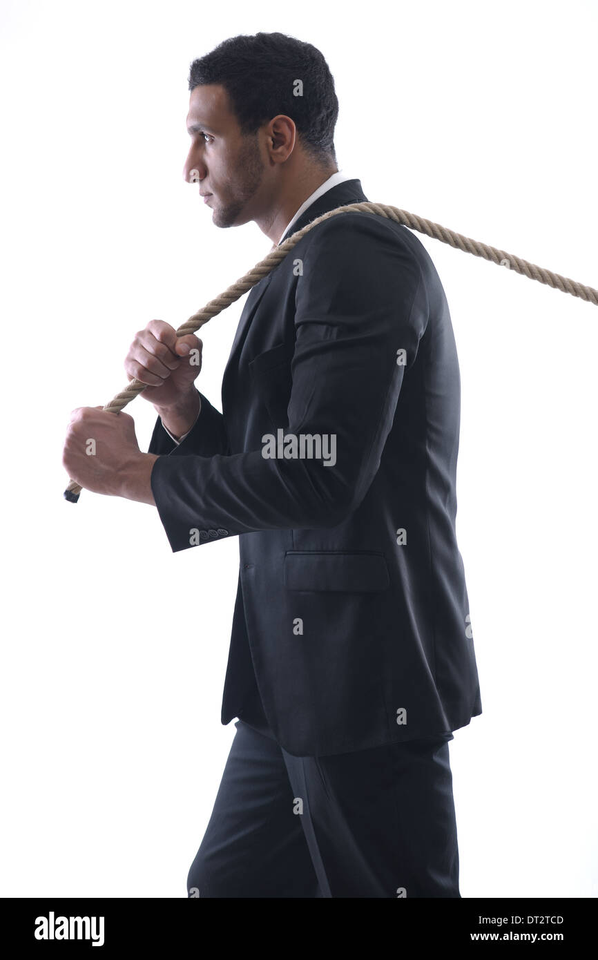 business man with rope isolated on white background Stock Photo - Alamy