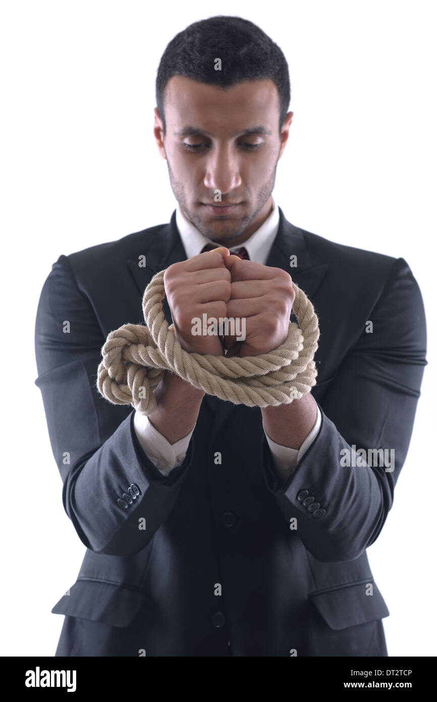 business man with rope isolated on white background Stock Photo - Alamy