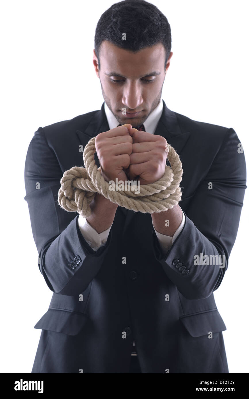 business man with rope isolated on white background Stock Photo - Alamy