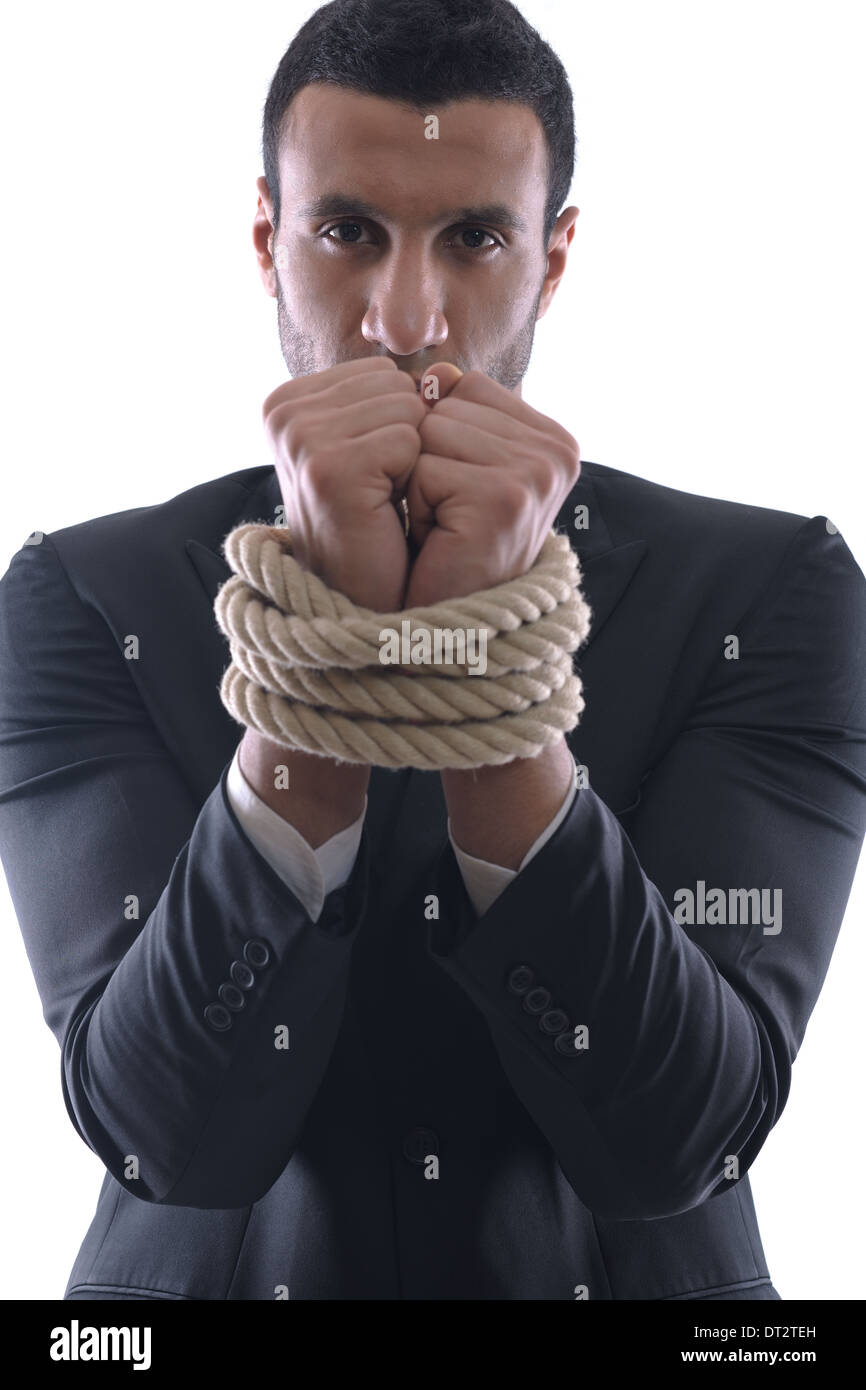 business man with rope isolated on white background Stock Photo - Alamy