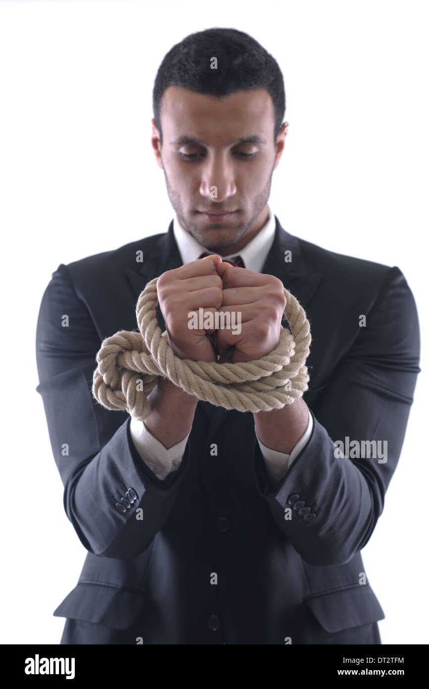 business man with rope isolated on white background Stock Photo - Alamy