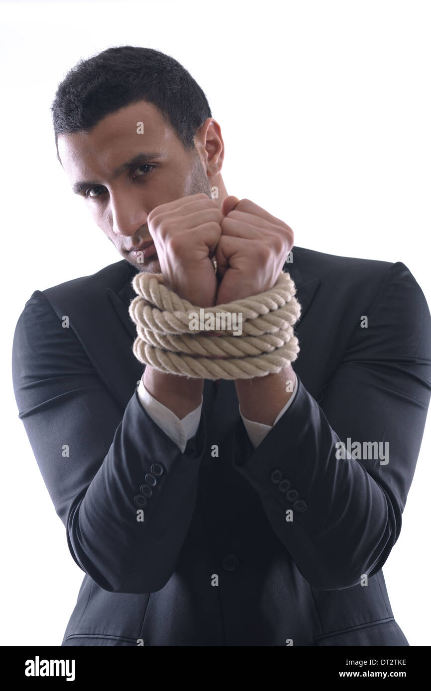 business man with rope isolated on white background Stock Photo - Alamy