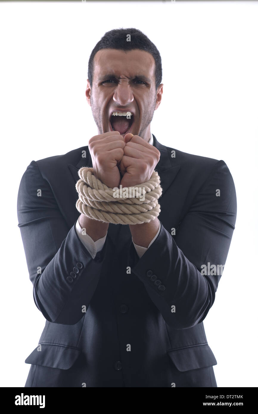 business man with rope isolated on white background Stock Photo - Alamy