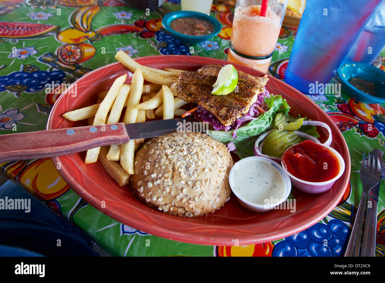 Fish sandwich at the Hula Hut restaurant in Austin, Texas Stock Photo ...