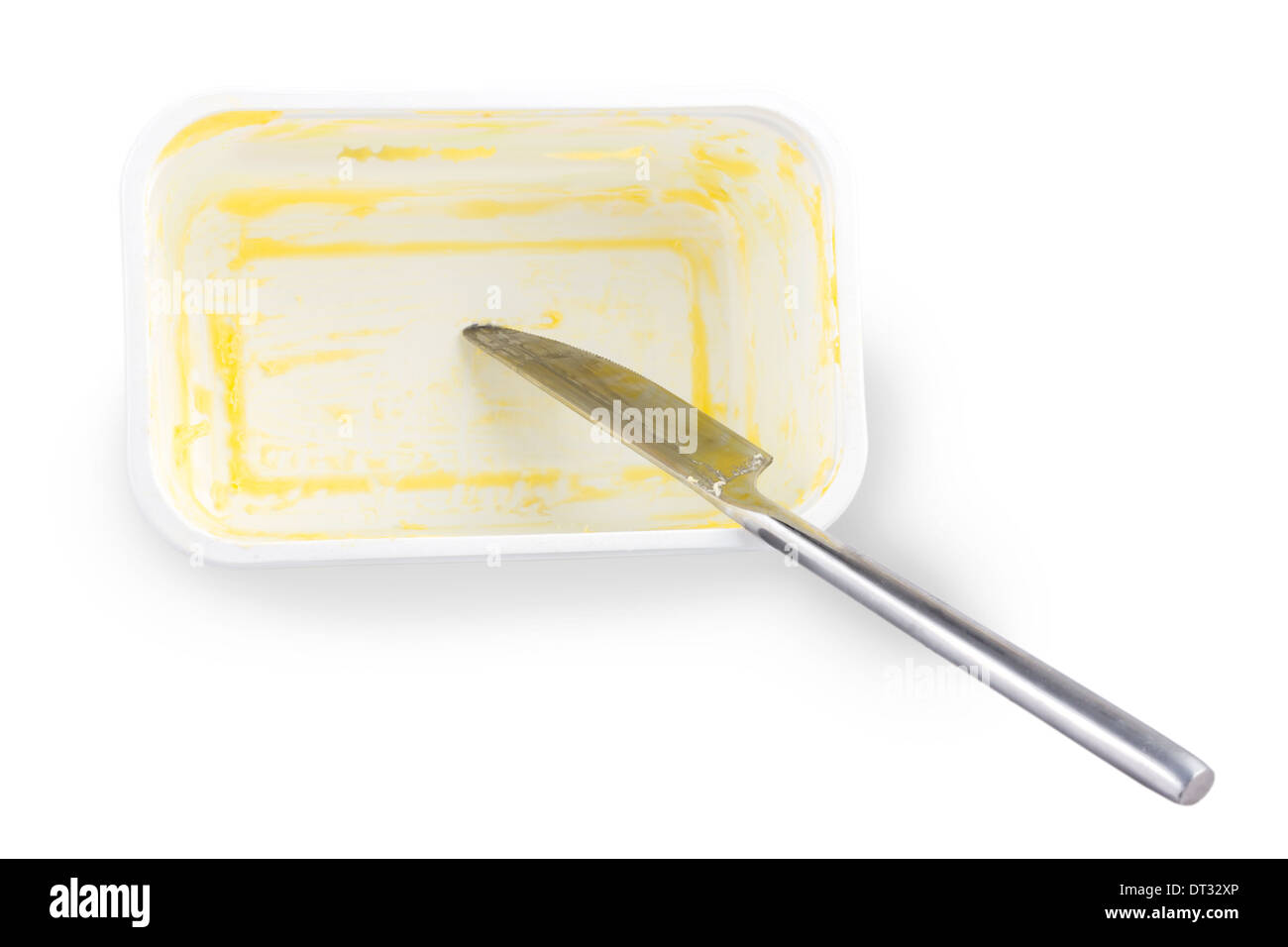 Empty Butter Back with silver knife isolated on white background with ...