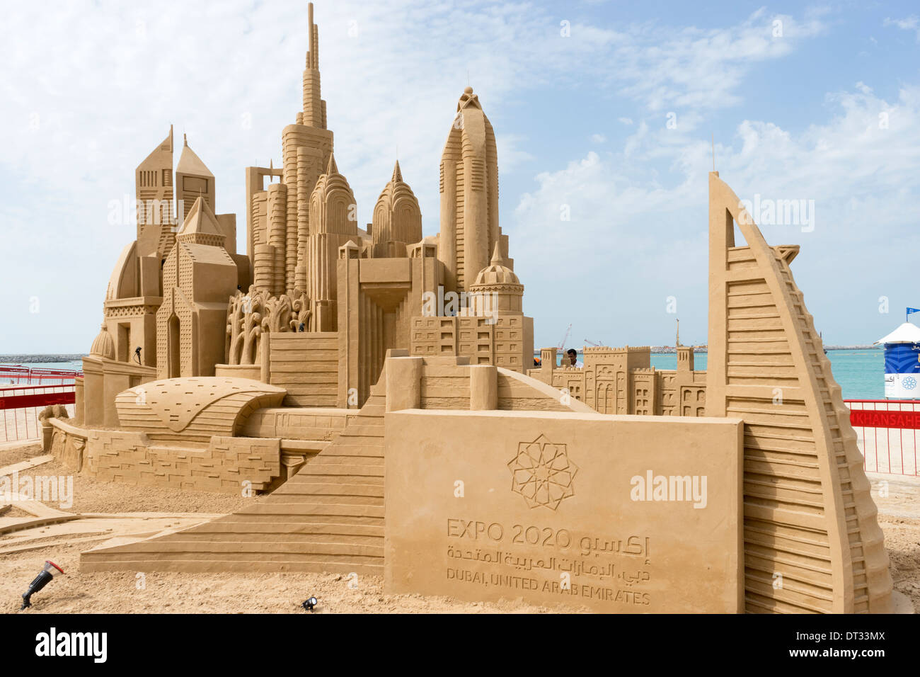 Sand sculpture of skyline of Dubai with many landmark buildings on ...