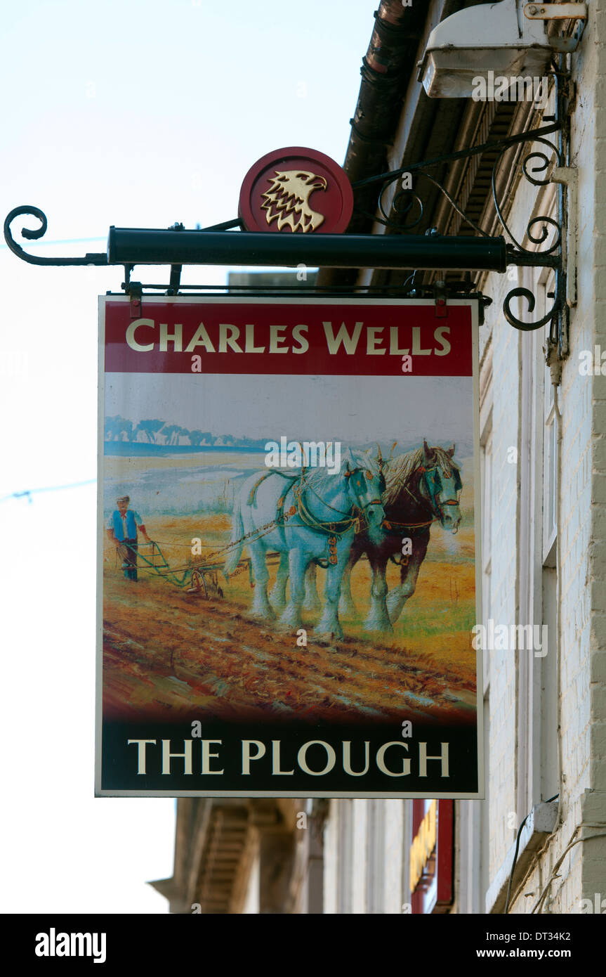 The Plough pub sign, Newport Pagnell, Buckinghamshire, England, UK ...