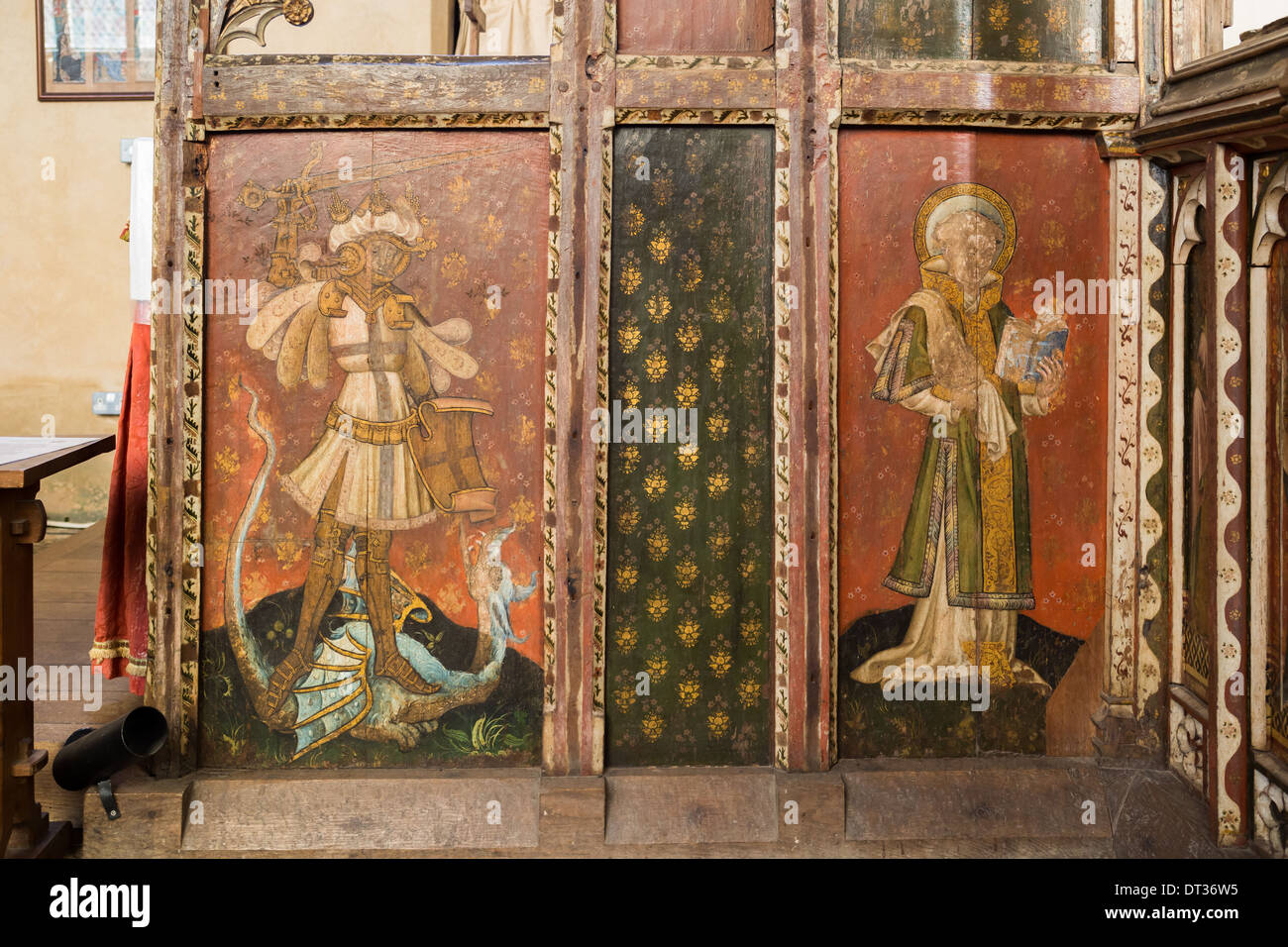 St George and the dragon. St Stephen. Medieval rood screen inside ...