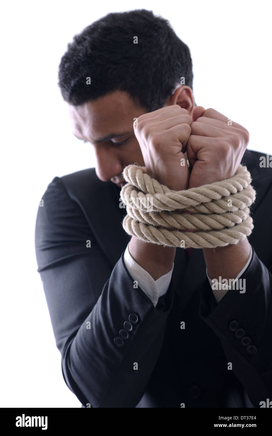 business man with rope isolated on white background Stock Photo - Alamy