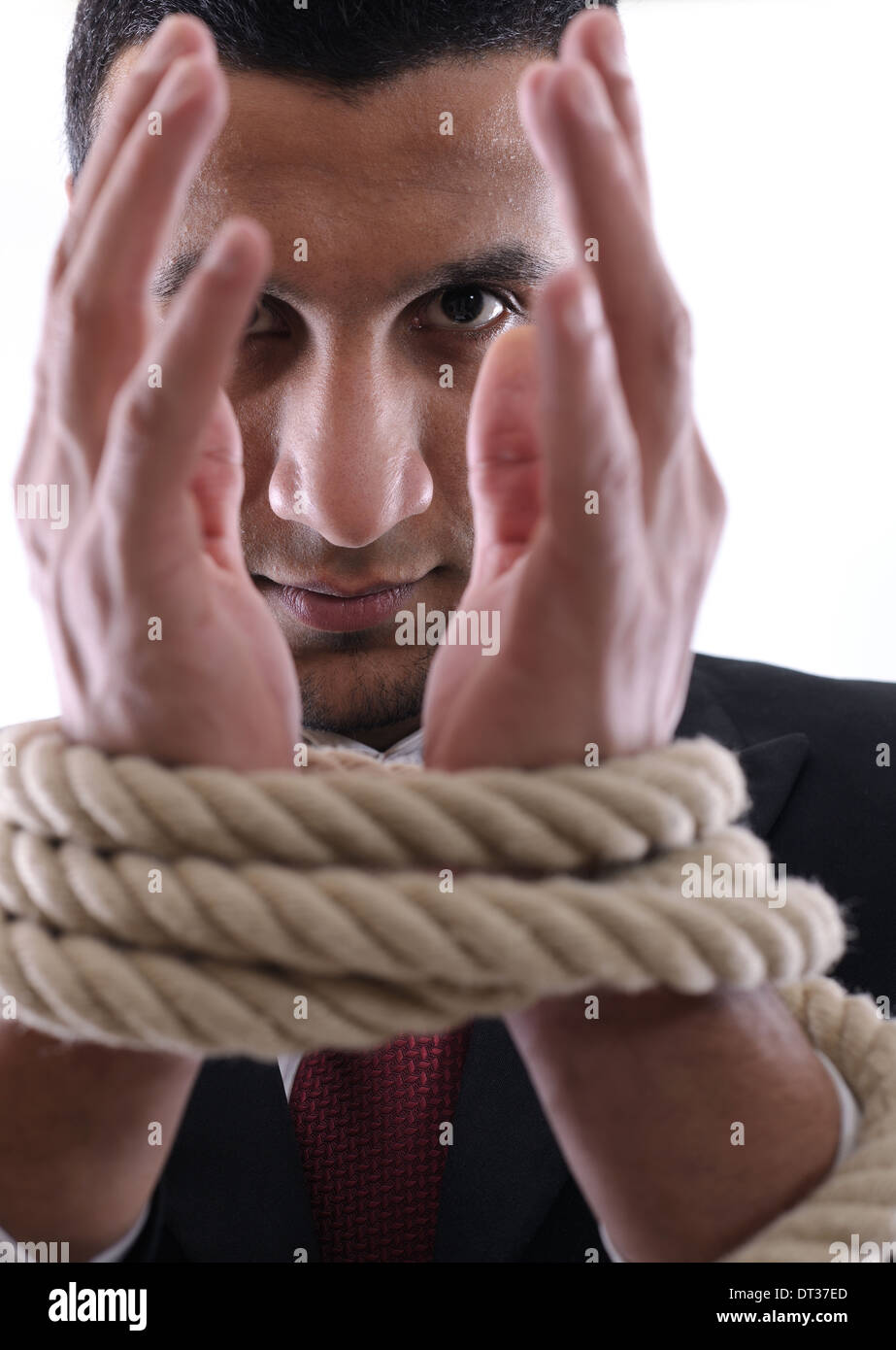 business man with rope isolated on white background Stock Photo - Alamy