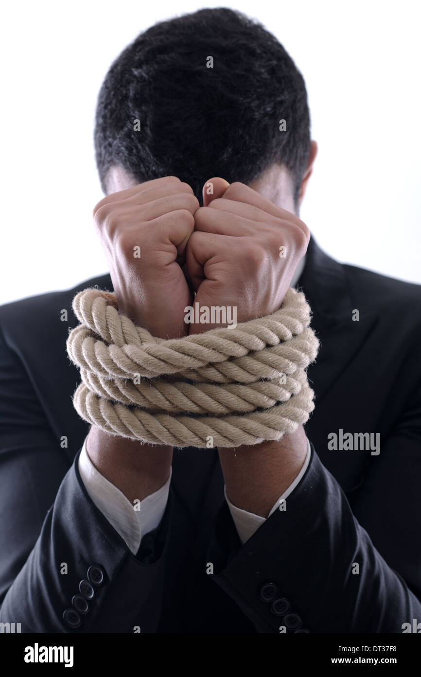 business man with rope isolated on white background Stock Photo - Alamy