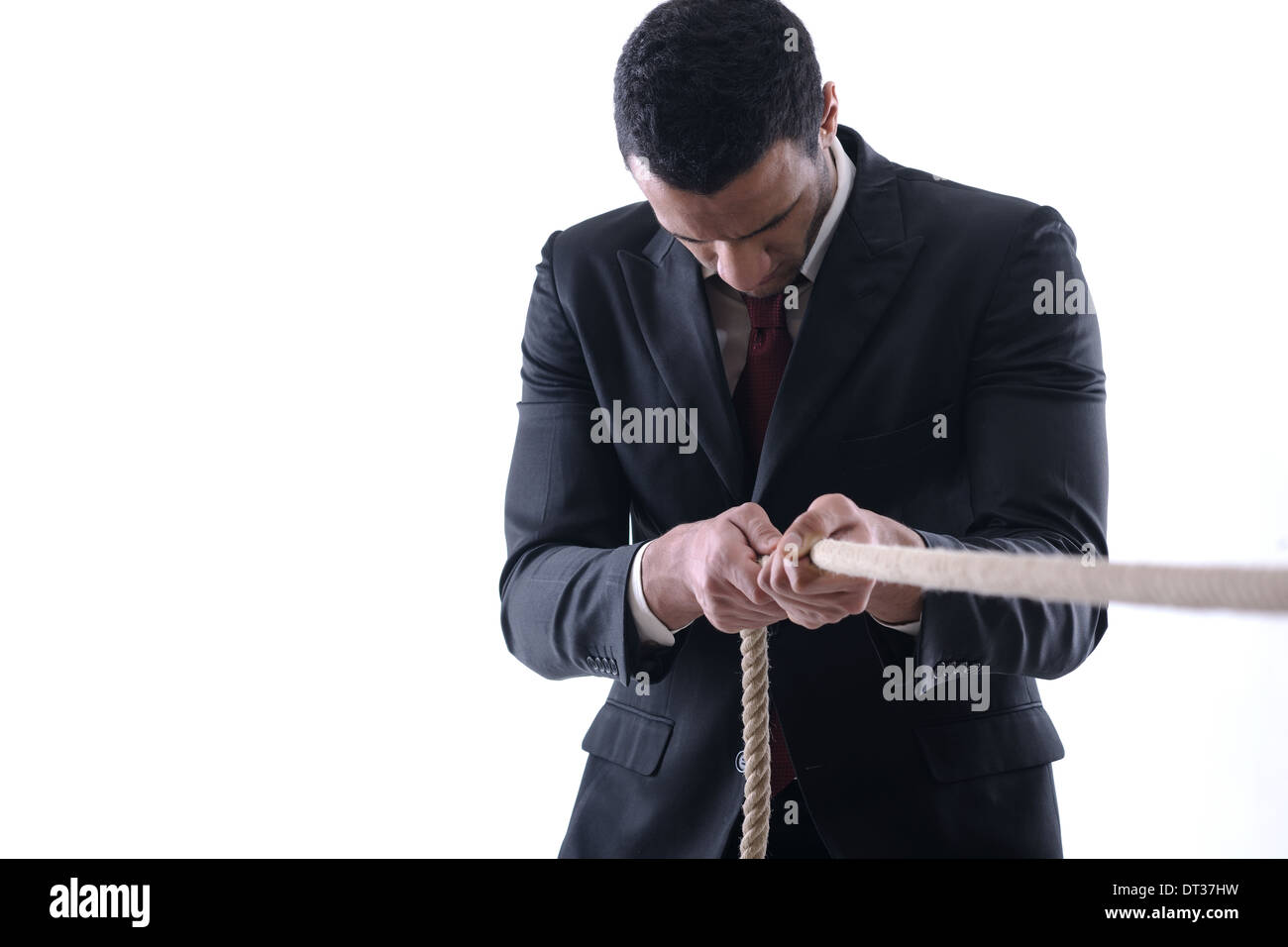 business man with rope isolated on white background Stock Photo - Alamy
